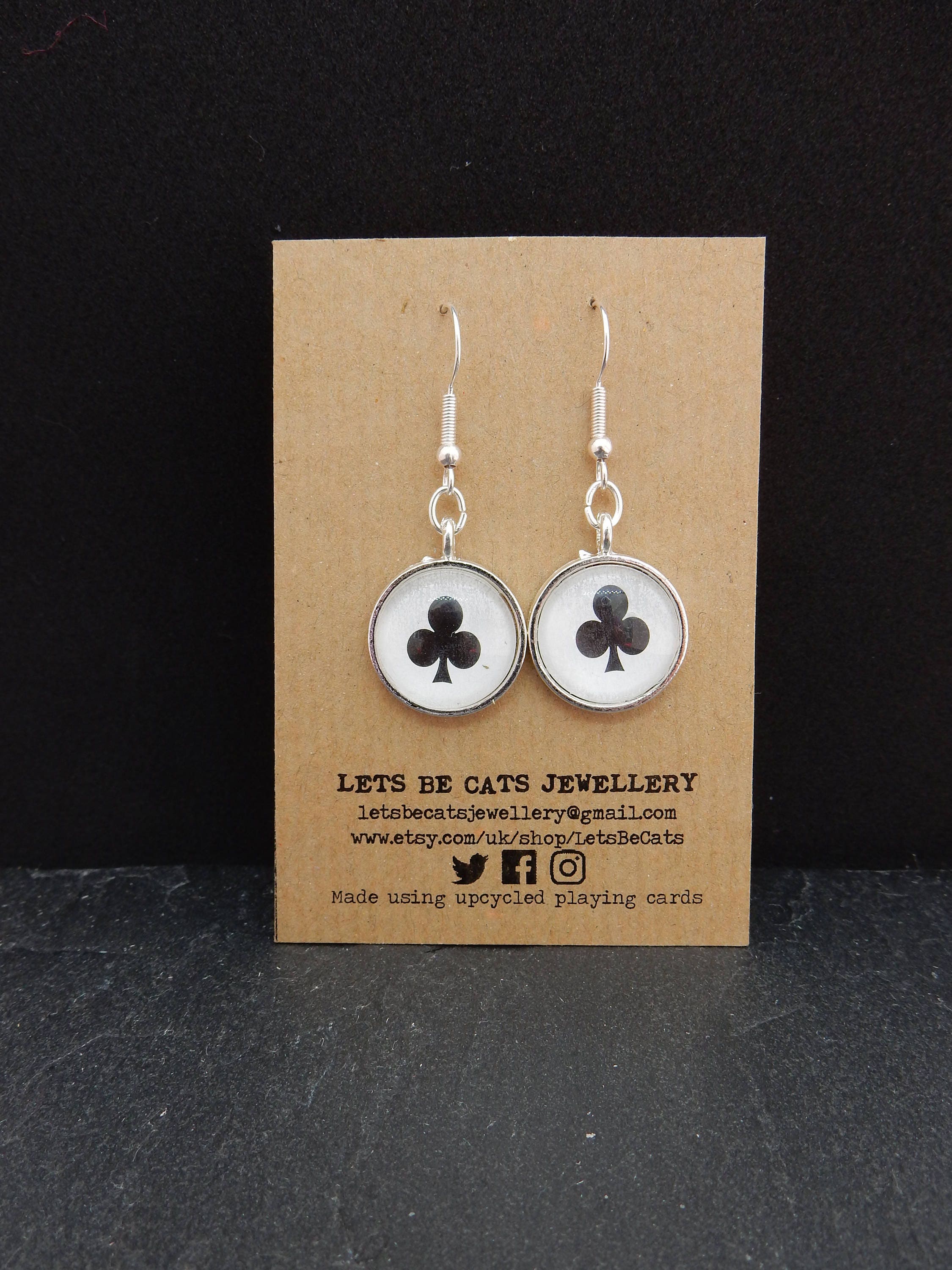 Upcycled Playing Card Club Earrings - Black and White - Etsy