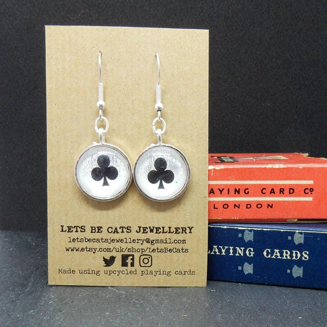 Upcycled Playing Card Club Earrings - Black and White - Etsy