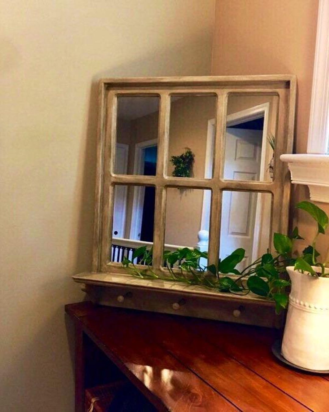 Farmhouse Window Mirror With Shelf Bathroom Mirror Rustic Window Mirror ...
