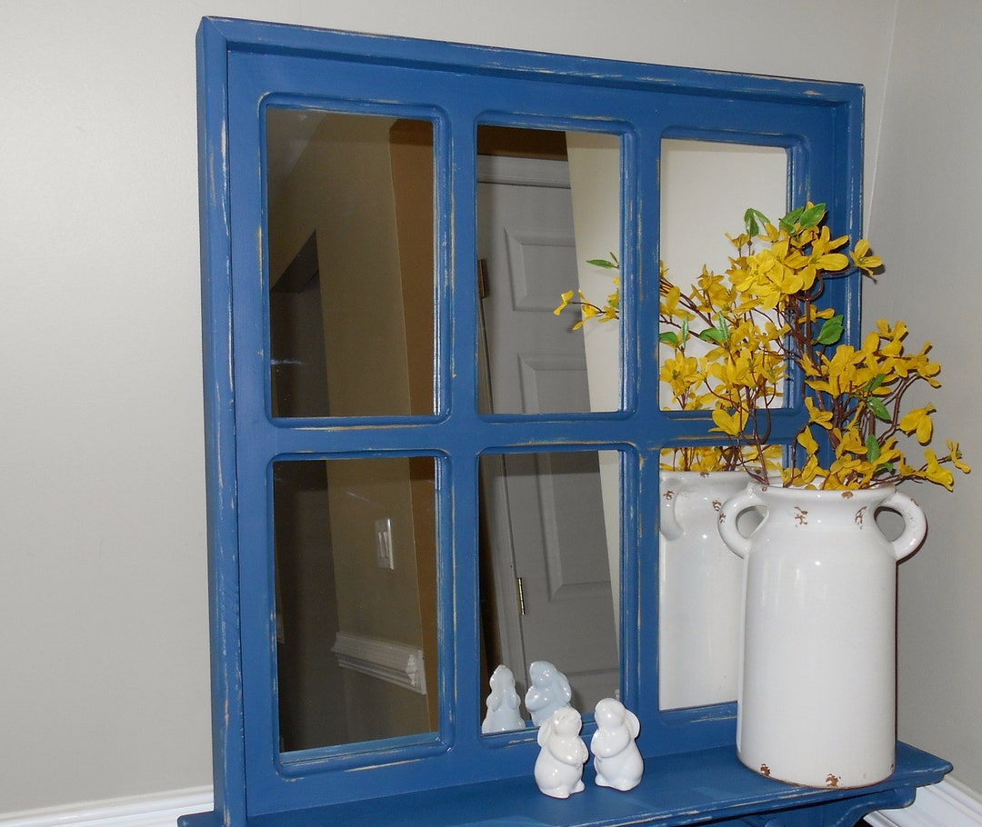 Rustic Faux Window Mirror: Reclaimed Wood Farmhouse Design in Dark Blue ...