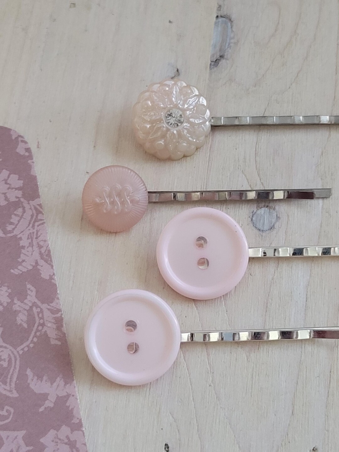 Pink Button Hair Pins, Large Decorative Embellished Hair Pins, Vintage ...