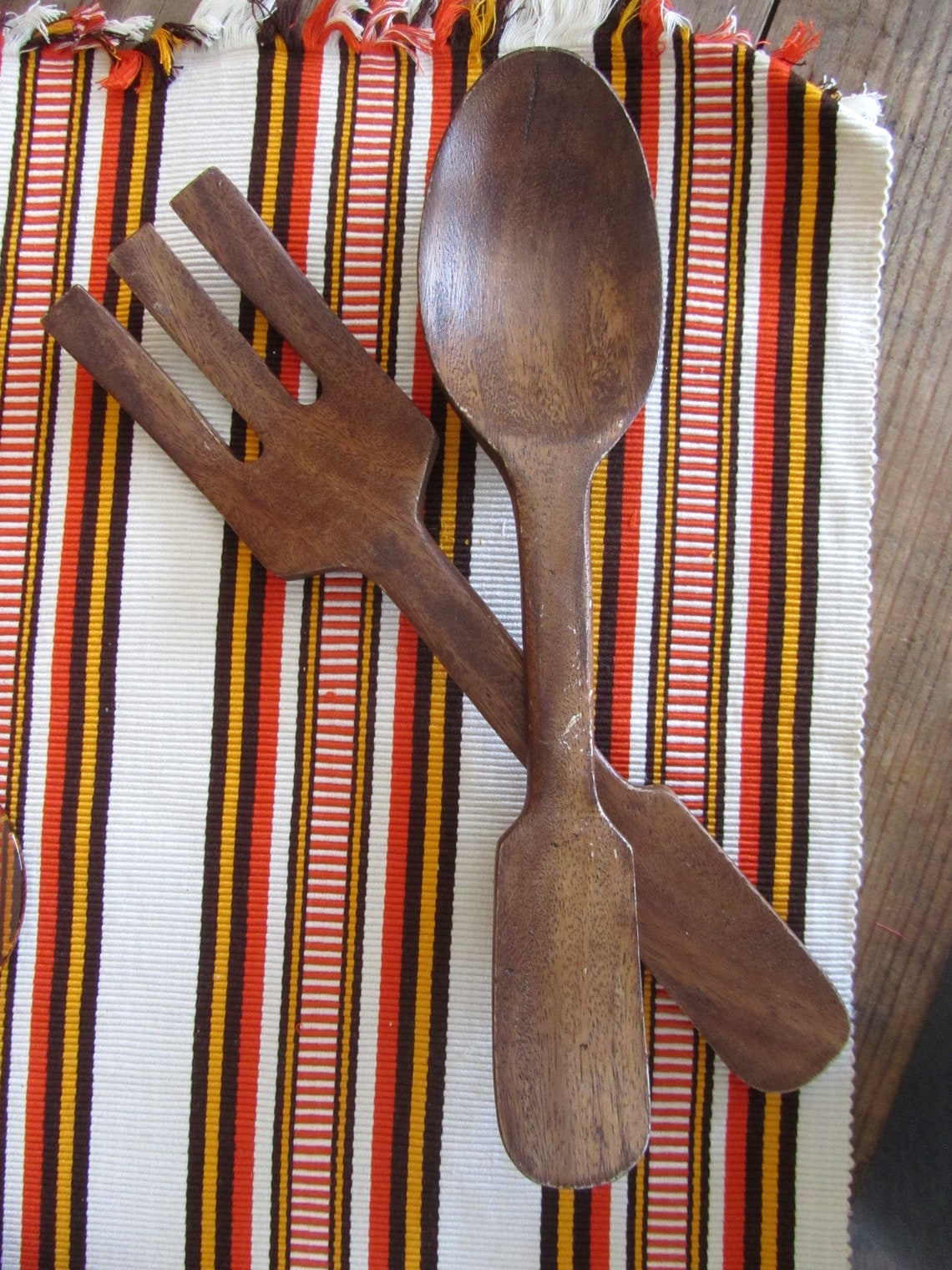 Oversized Wood Fork and Spoon Set Vintage Wood Salad Serving | Etsy