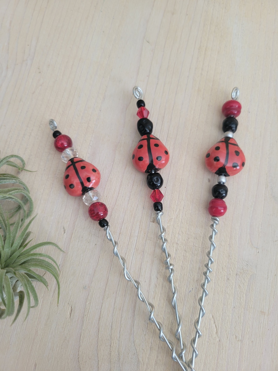 Lady Bug Plant Stake, Choice of Style With Accent Beads, Colorful Plant ...