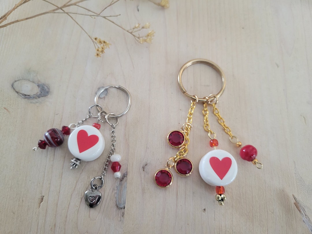 Red Heart Keychain, Dangling Red Heart Charm Key Chain, Beaded Key ...