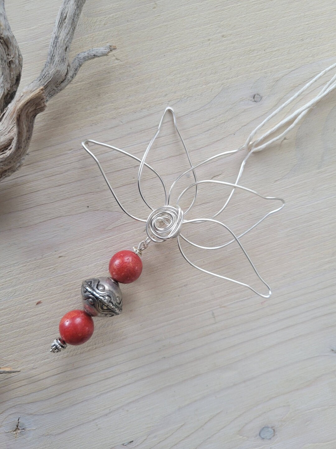 Lotus Flower, Silver Wire Lotus Flower With Red Coral Beads, Car Charm ...