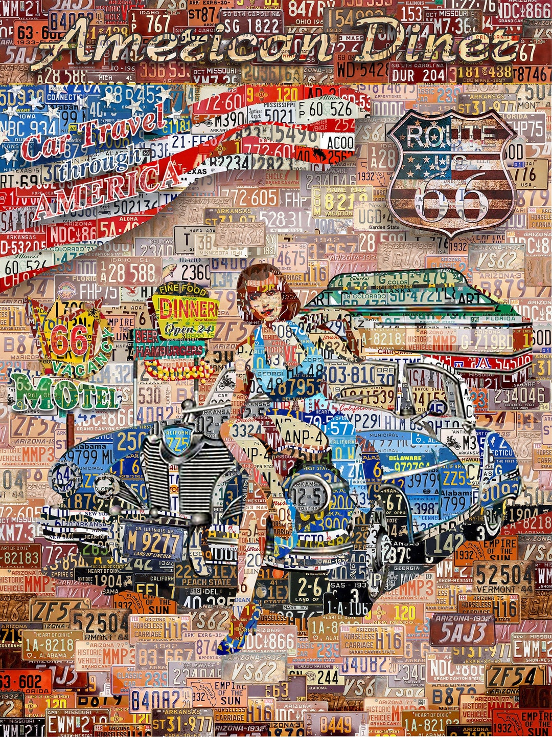 Old America. Digital Art Collage Poster Gift Print - Diner in Blue ...