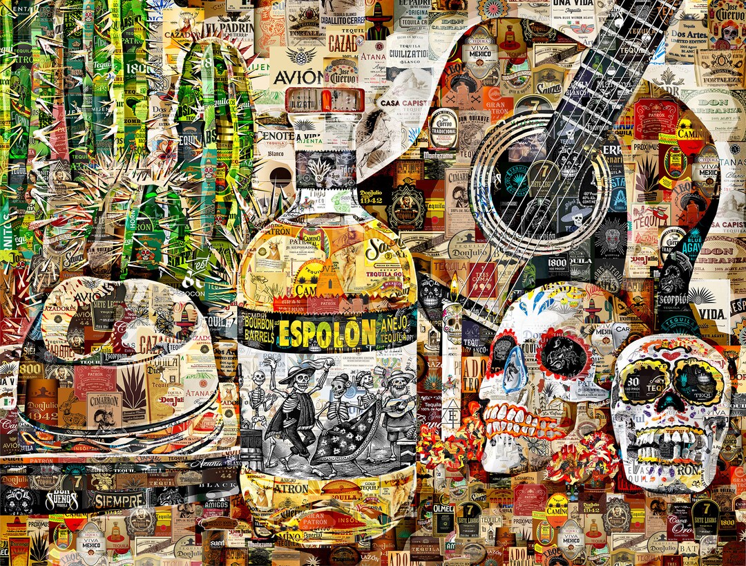 Liquor Art Collage Poster Gift Print - Tequila Espolon With Guitar and ...