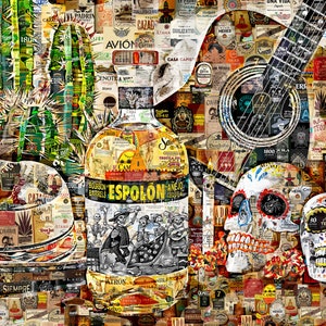 Liquor Art Collage Poster Gift Print - Tequila Espolon With Guitar and ...