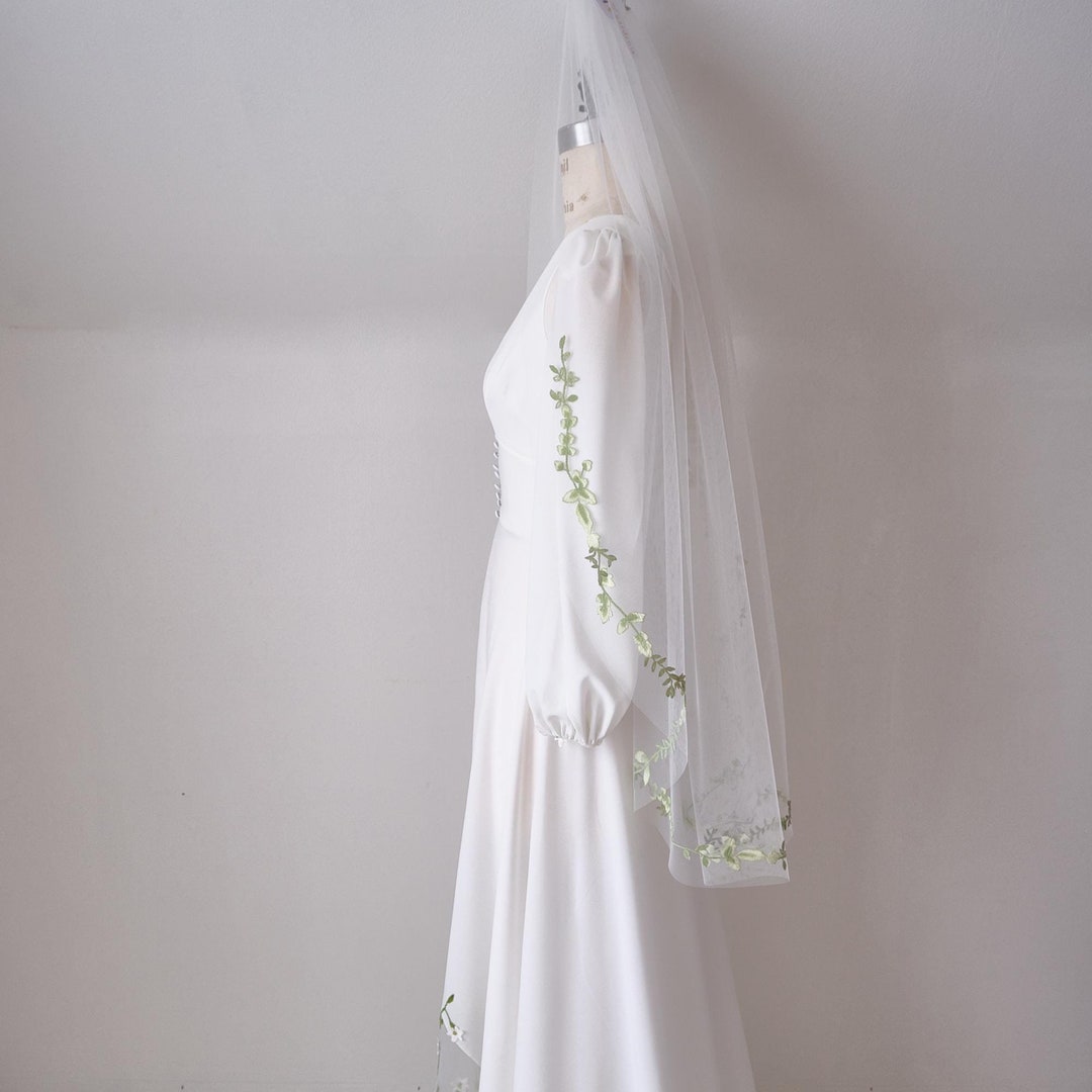 Leaf Embroidery Wedding Veil, Leaves & Ferns Bridal Veil, Leaf Greenery Embroidery Wedding Veil ...