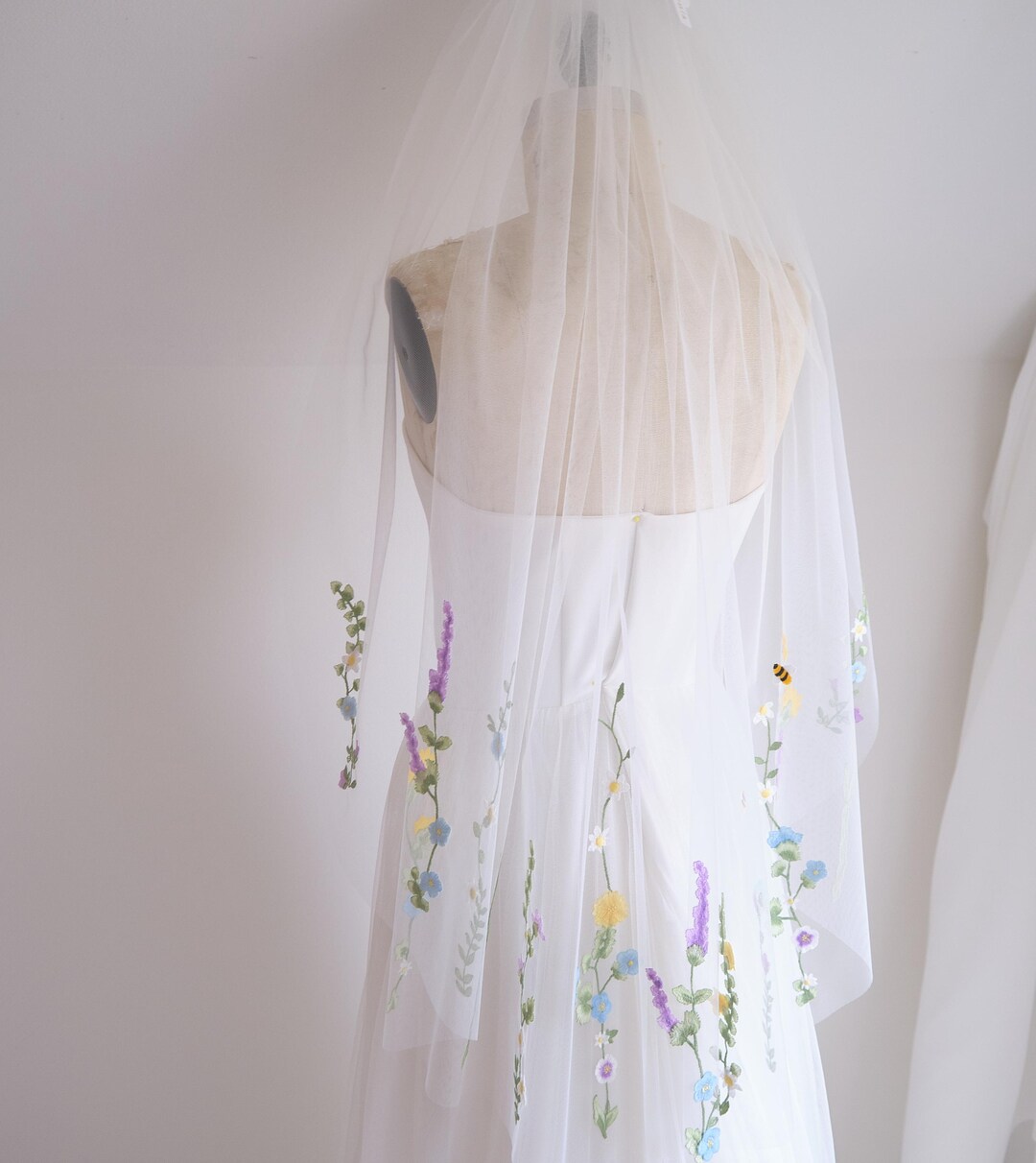 Floral Meadow Embroidery Wedding Veil With Spring Lavender Daisies Bees ...