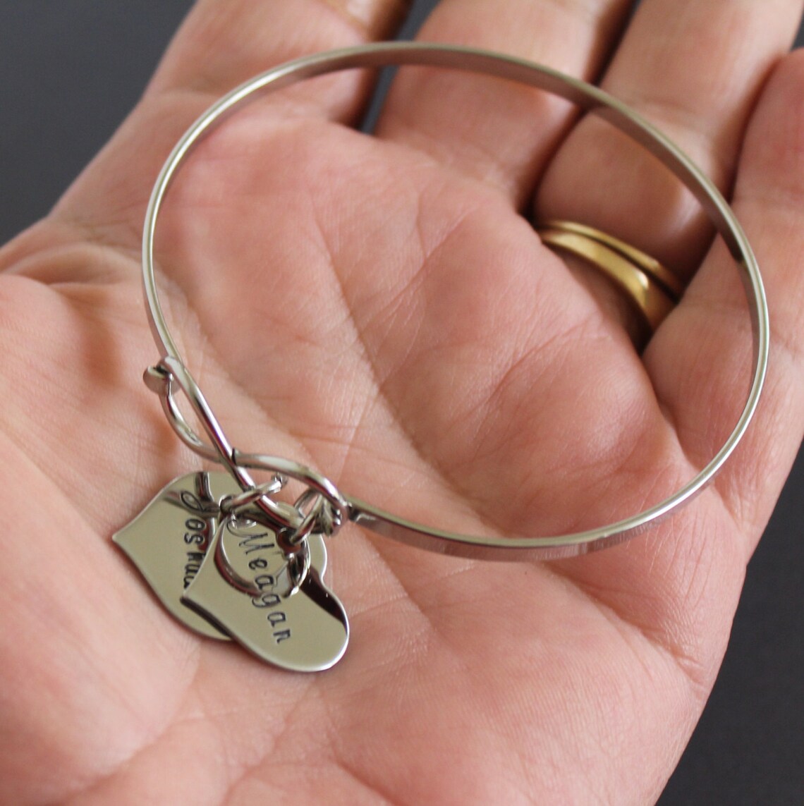Infinity Charm Bangle Stainless Steel With Children's Names on Hearts ...