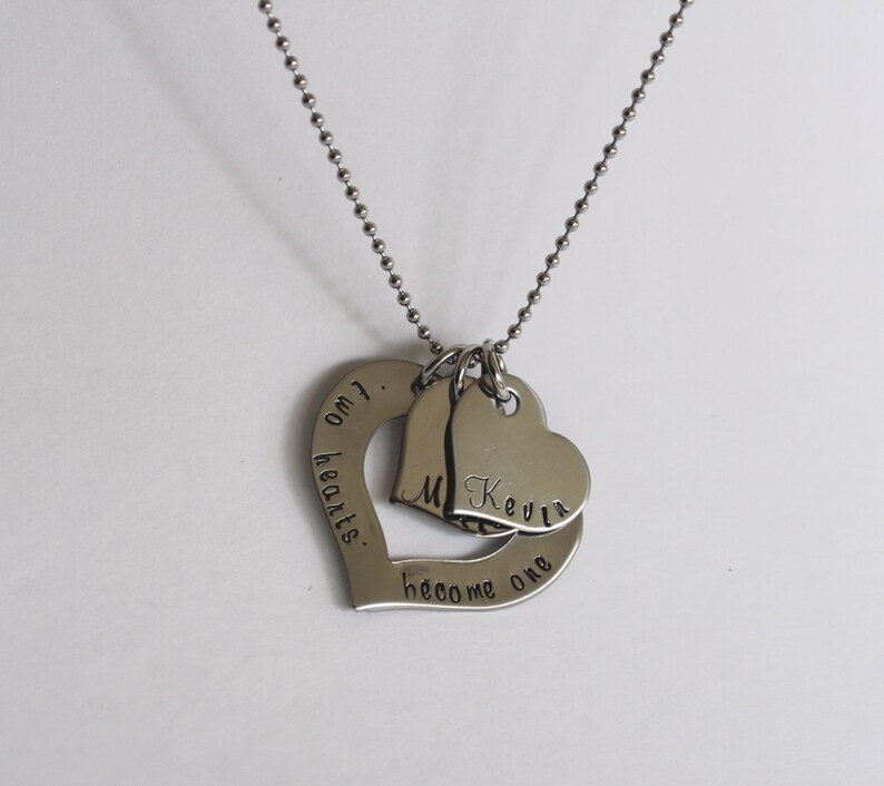 Personalized Handstamped Stainless Steel Couples Necklace Hearts, Two ...
