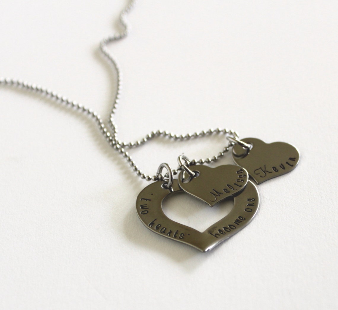 Personalized Handstamped Stainless Steel Couples Necklace Hearts, Two ...