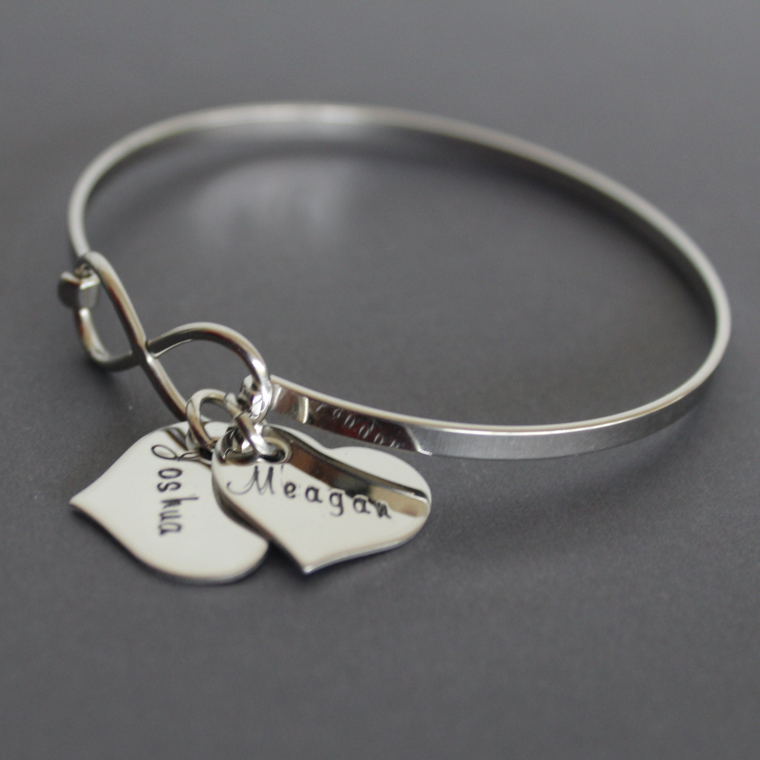 Infinity Charm Bangle Stainless Steel With Children's Names on Hearts ...