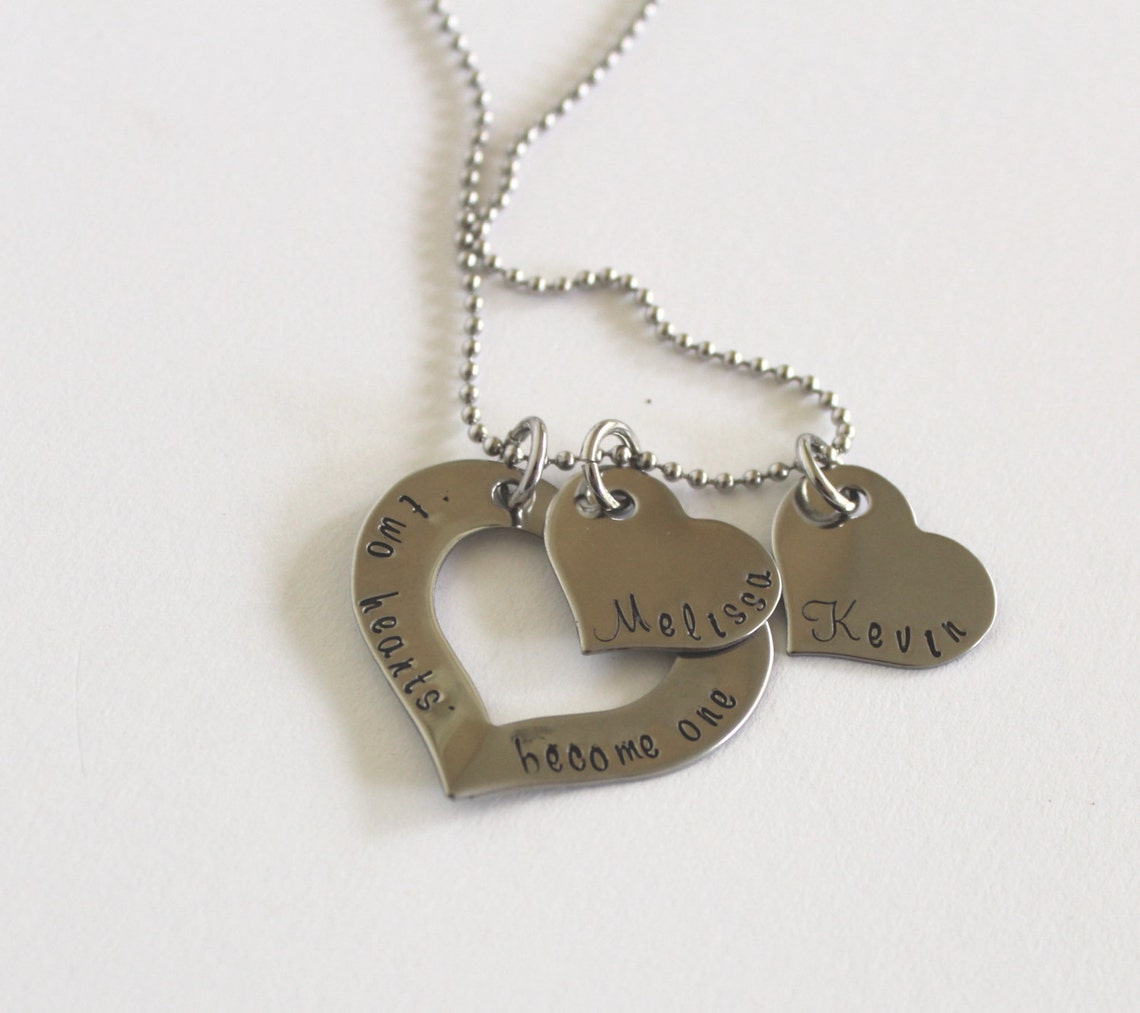 Personalized Handstamped Stainless Steel Couples Necklace Hearts, Two ...