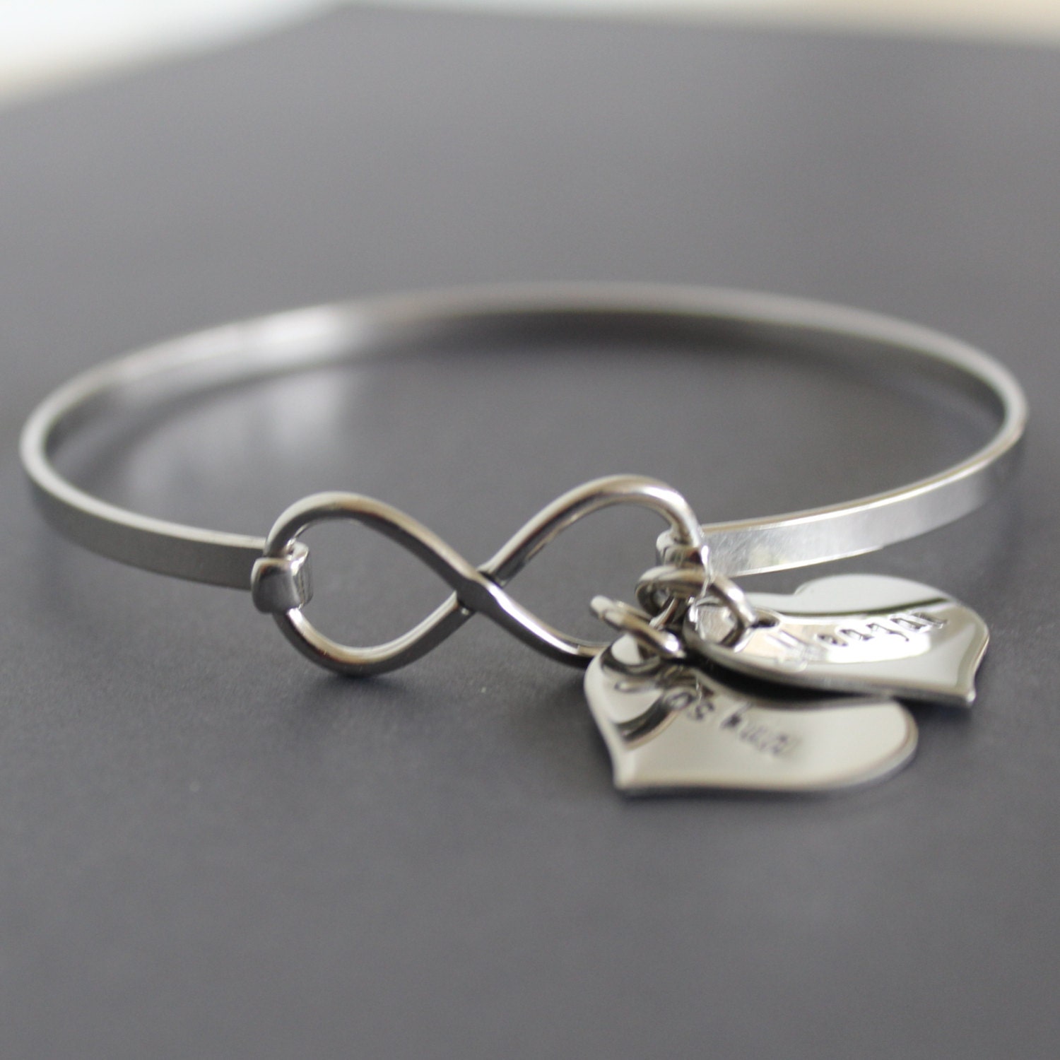 Infinity Charm Bangle Stainless Steel With Children's Names on Hearts ...