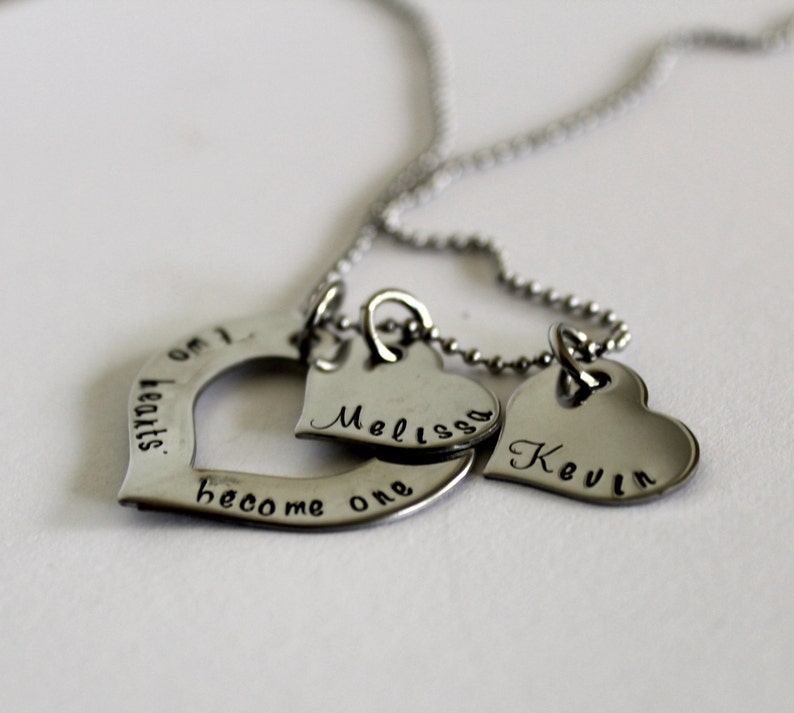 Personalized Handstamped Stainless Steel Couples Necklace Hearts, Two ...