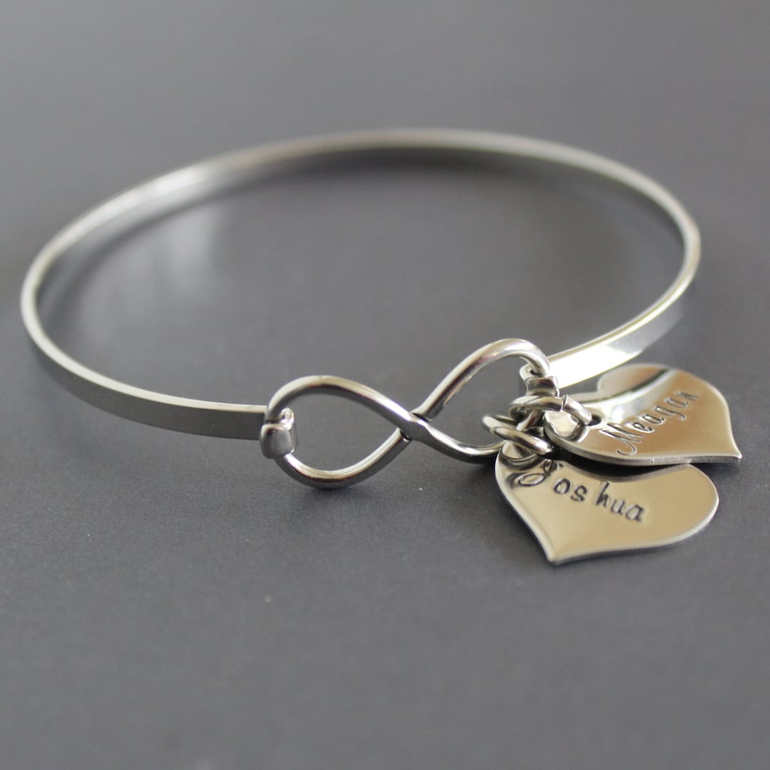Infinity Charm Bangle Stainless Steel With Children's Names on Hearts ...