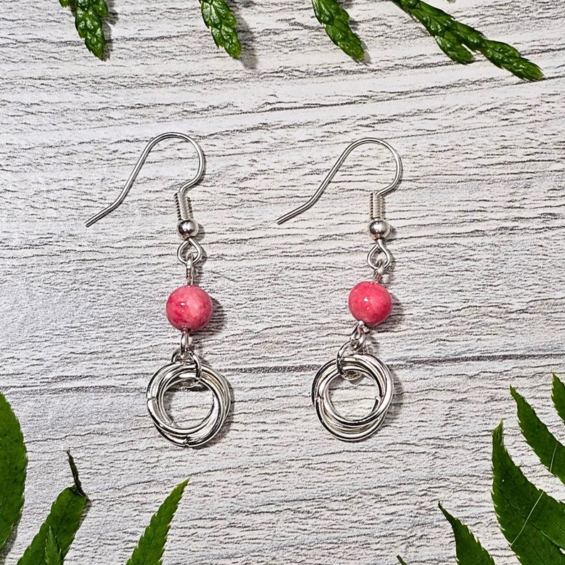 Gemstone Bead Dainty Dangle Drop Earrings, Semi-precious Pink Quartz Gemstone and Silver ...