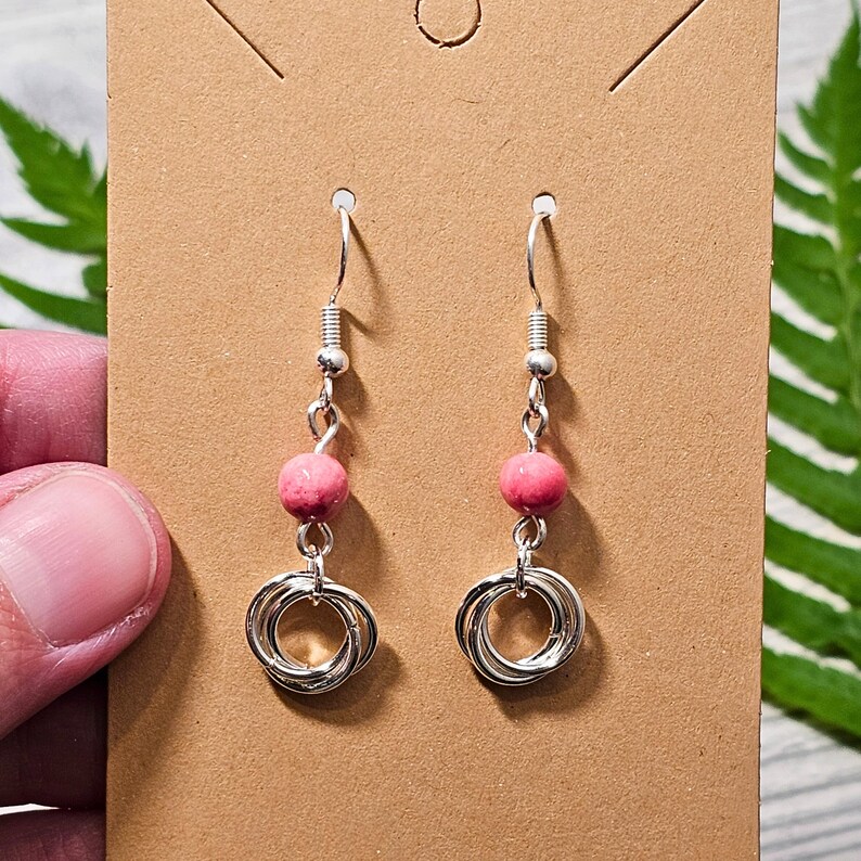 Gemstone Bead Dainty Dangle Drop Earrings, Semi-precious Pink Quartz Gemstone and Silver ...