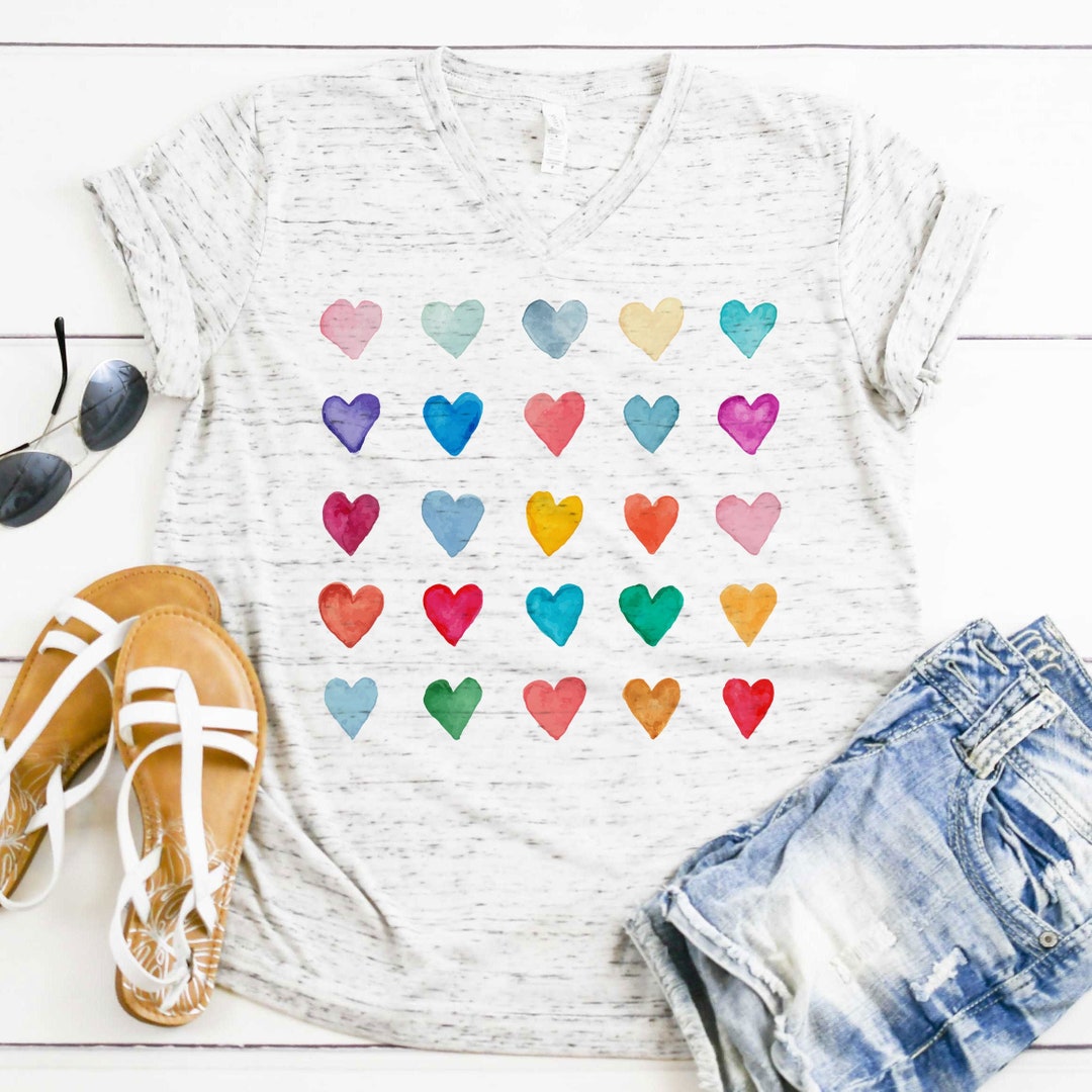 Artsy Watercolor Hearts Soft Graphic Tees | UNISEX Relaxed V-neck ...