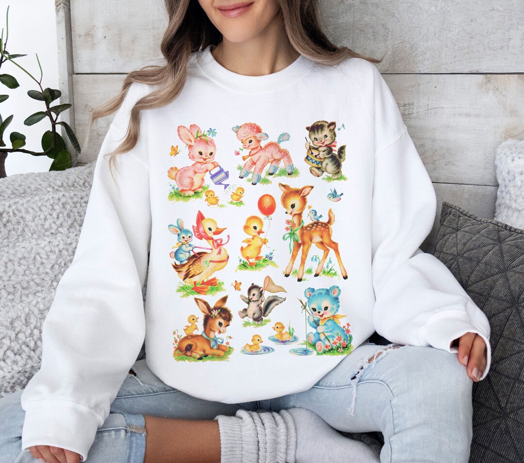 Vintage Retro Baby Animals Collage CUTE Ultra Cozy Retro Drop Shoulder ...