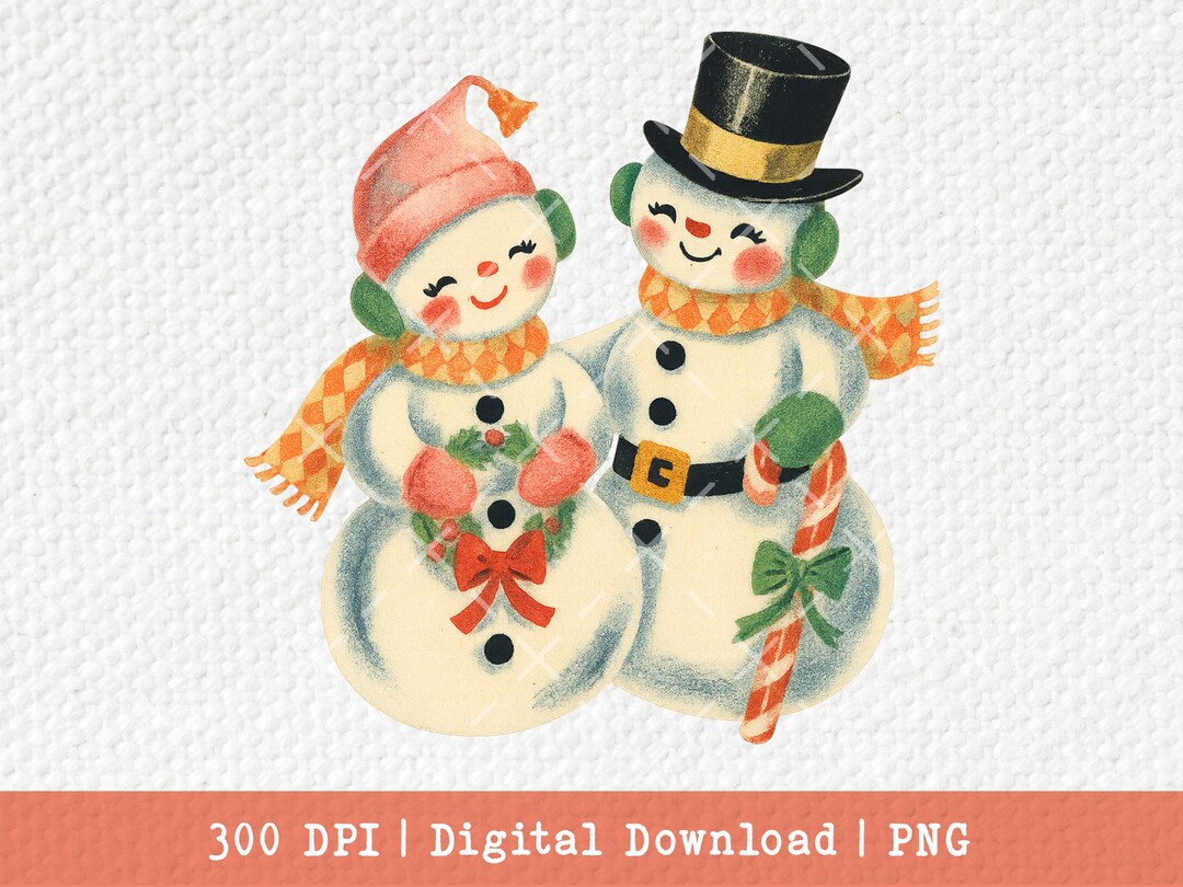 Cute Vintage Retro Snowman Couple - My Snowman and Me - Christmas (PNG ...