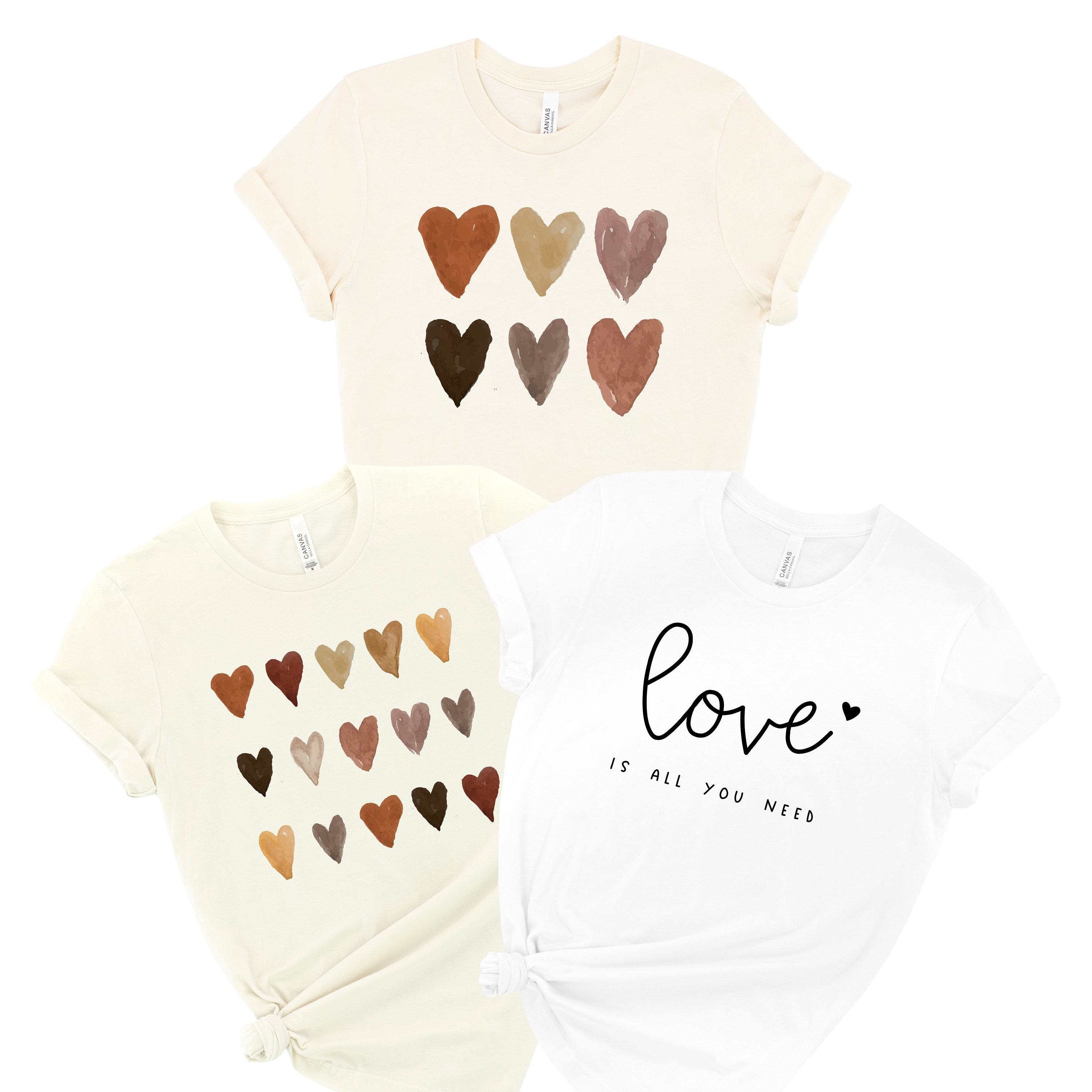Artsy Melanin Skin Tone Kindness Watercolor Hearts Soft Graphic Tees ...