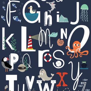 Nautical Ocean Beach Alphabet Poster Playroom Nursery Navy Cream ...