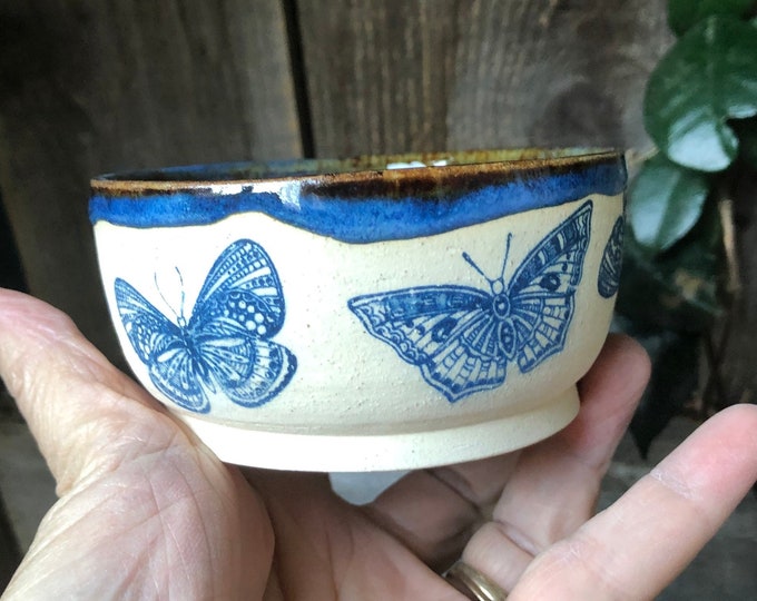 Blue Butterfly Pottery Small Bowl, Pottery Small Bowl Wheel Thrown ...