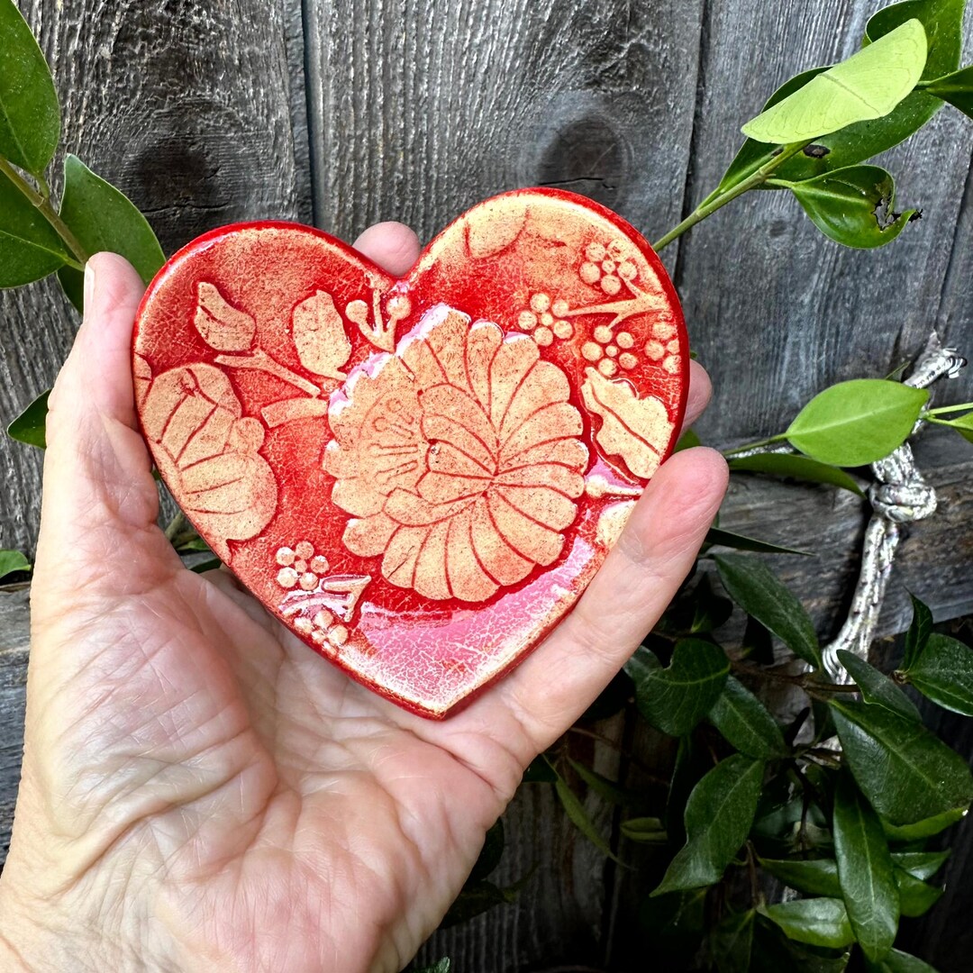 Heart Dish, Heart-shaped Ceramic Bowl, Red, Pink Hibiscus Decor Bowl ...