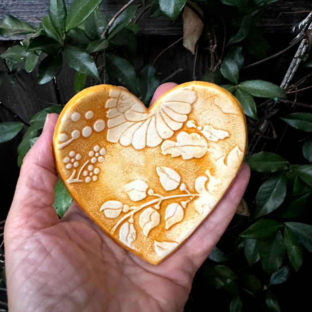 Heart Dish, Heart-shaped Ceramic Bowl, Yellow Ochre Heart Dish, Floral ...