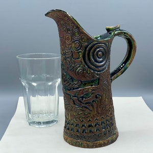 Handcrafted 20 Oz Ceramic Jug, Textured Earth Brown, Rich Green Glaze ...