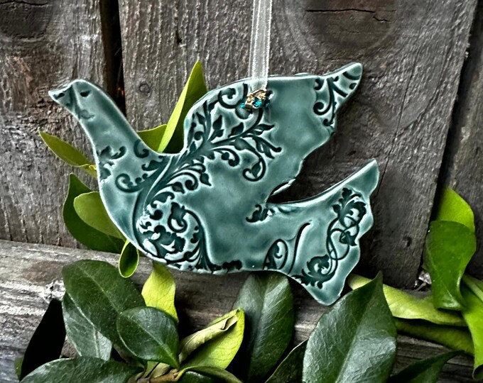 Dove Ornament, Handcrafted Porcelain Dove Ornament, Flying Dove Pottery ...