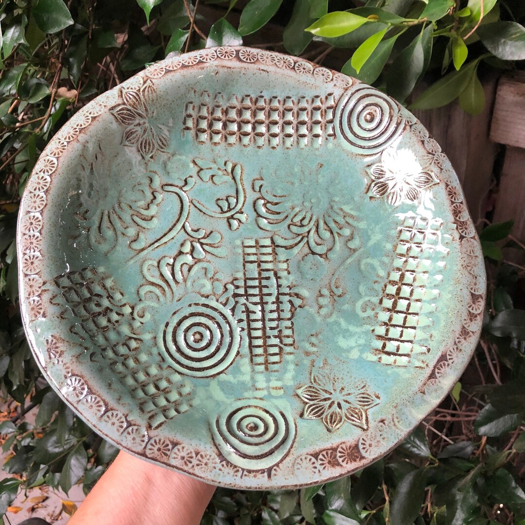 Green Pottery Platter, Round Fruit Plate Pottery, Round Serving Plate ...