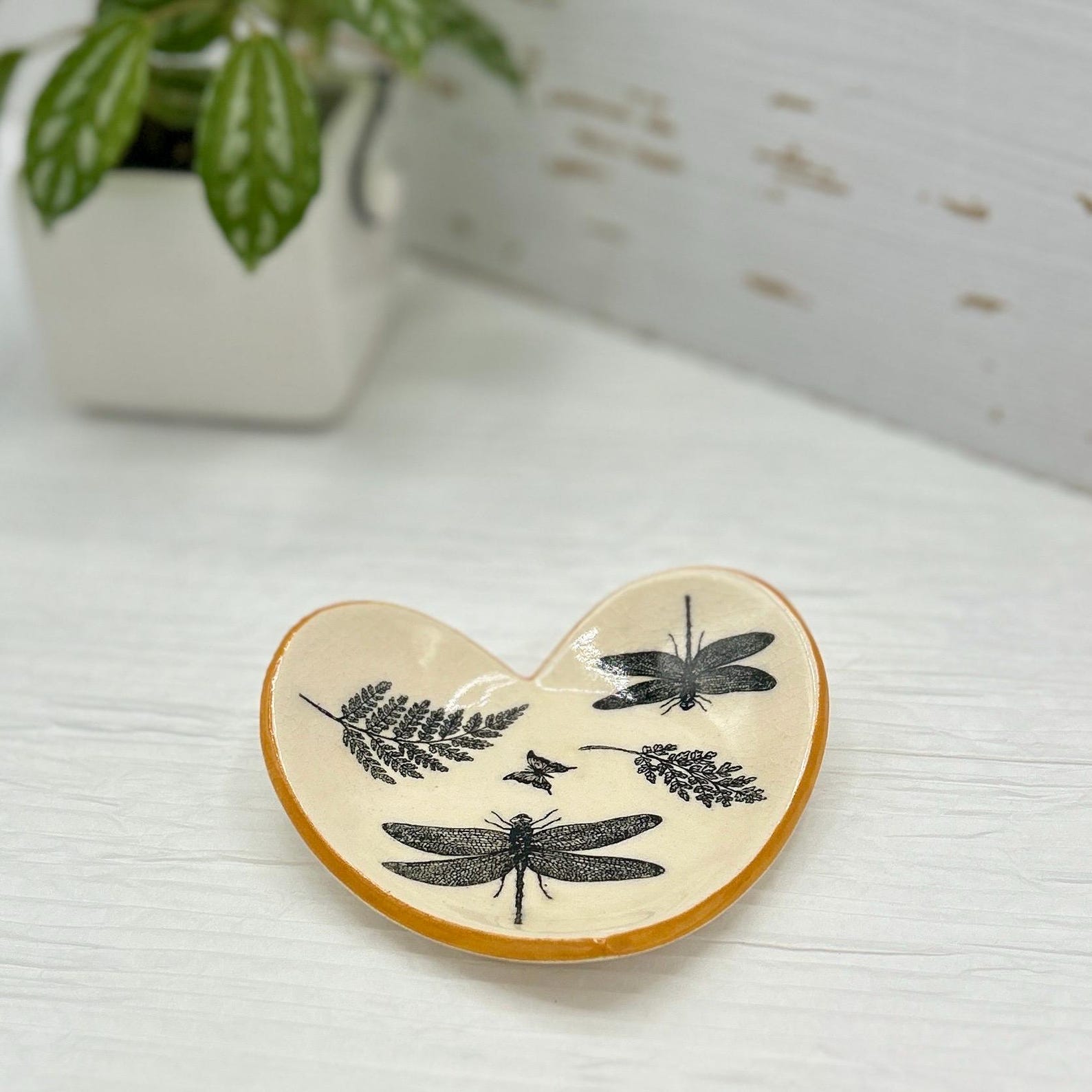 Heart Dish, Handcrafted Ceramic Heart-shaped Bowl, Dragonflies and ...