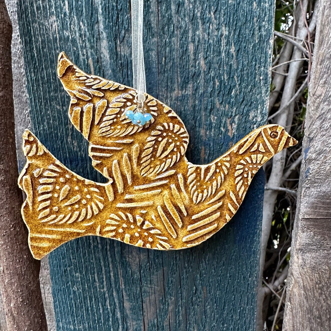 Ceramic Dove Ornament, Golden Dove, Blue Beads, Hangs From White Ribbon ...