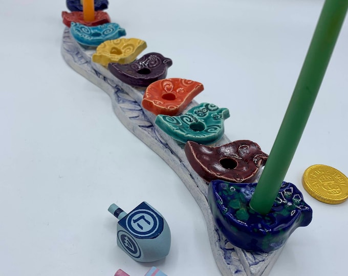 Menorah, Handmade Ceramic Menorah - Pair of Tiny Love Birds on a Branch ...