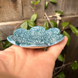 Handcrafted Ceramic Flower-shaped Dish, Glazed in Teal and White ...