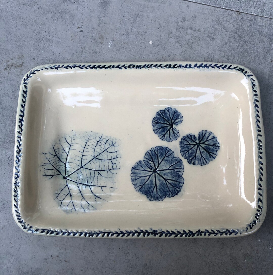 Blue Flowers Leaves Pottery Dish, Blue Pottery Jewelry Dish, Ceramic ...