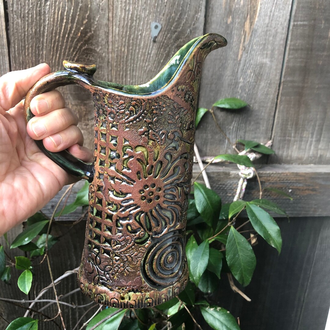 Handcrafted 20 Oz Ceramic Jug, Textured Earth Brown, Rich Green Glaze ...