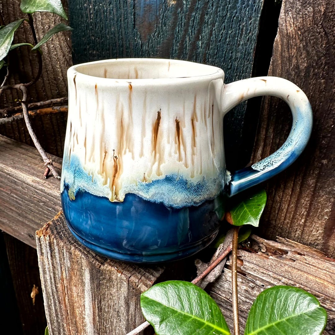 Coffee Cup, 15 Oz Stoneware Mug, Turquoise Drip Glaze Cup, Hot ...
