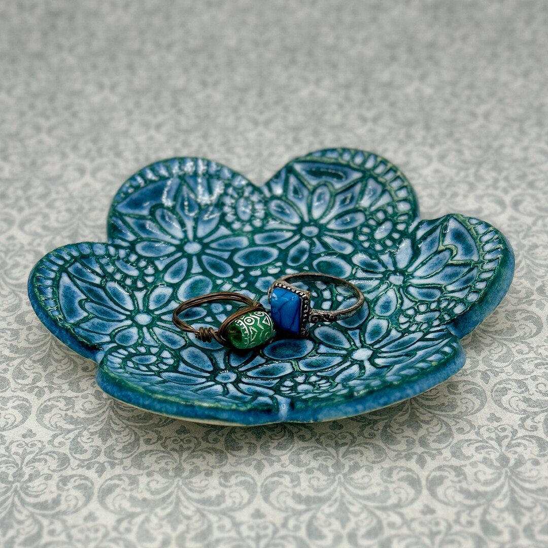 Handcrafted Ceramic Flower-shaped Dish, Glazed in Teal and White ...