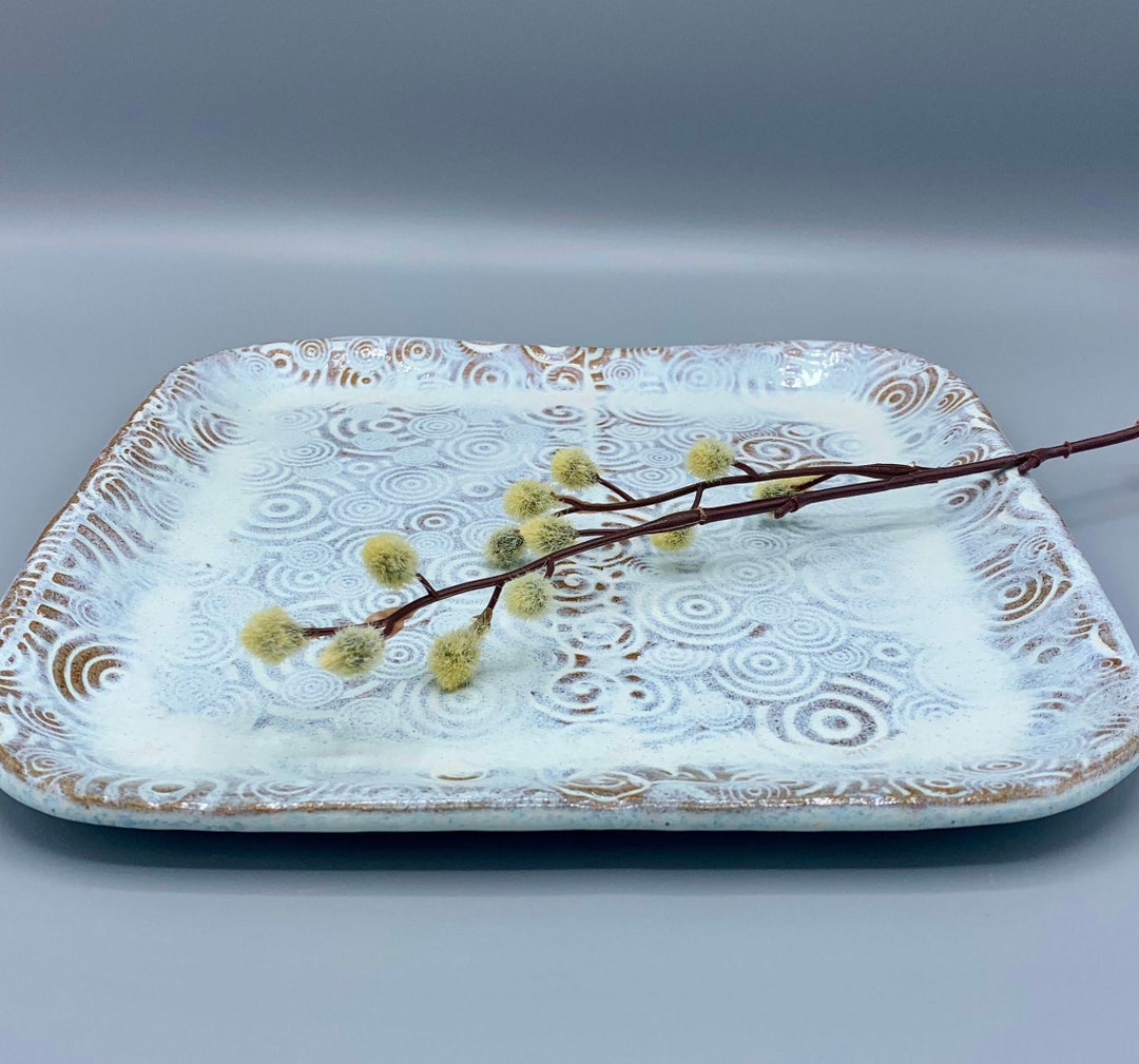 Handcrafted Elegant Square Ceramic Platter, Silver-gray & Blue Glaze ...