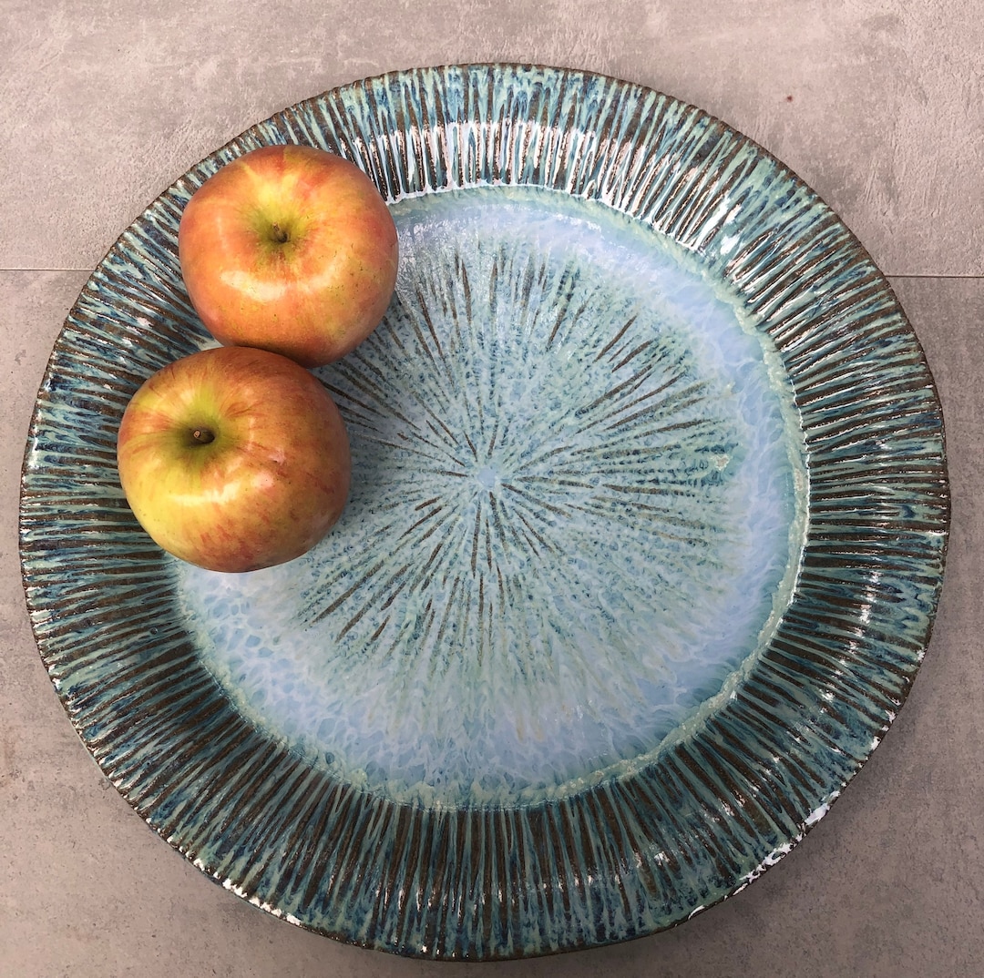 Round Serving Platter Pottery, Blue Green Serving Platter, Pottery ...