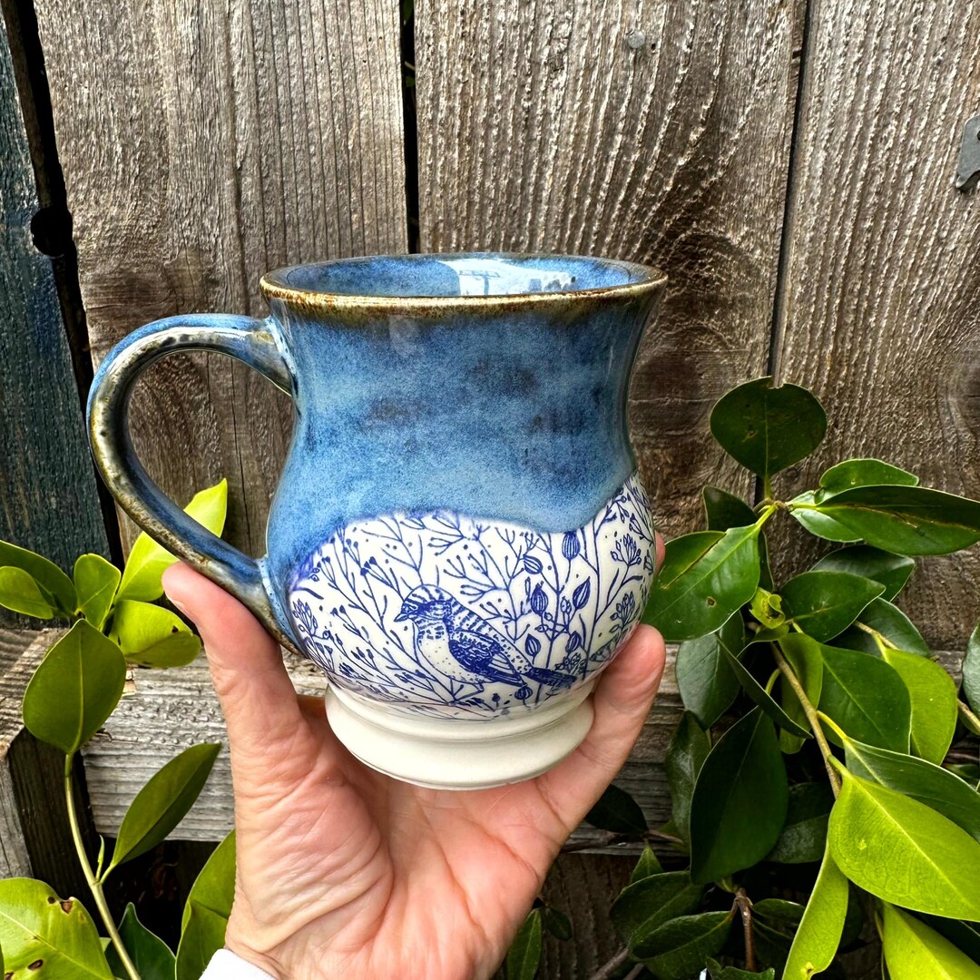 Coffee Cup, 16 Oz Stoneware Mug, Pottery Mug, Birds & Branches Mug ...