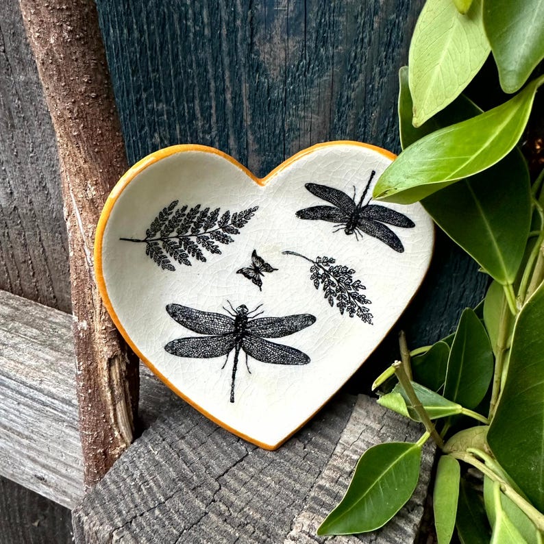 Heart Dish, Handcrafted Ceramic Heart-shaped Bowl, Dragonflies and ...