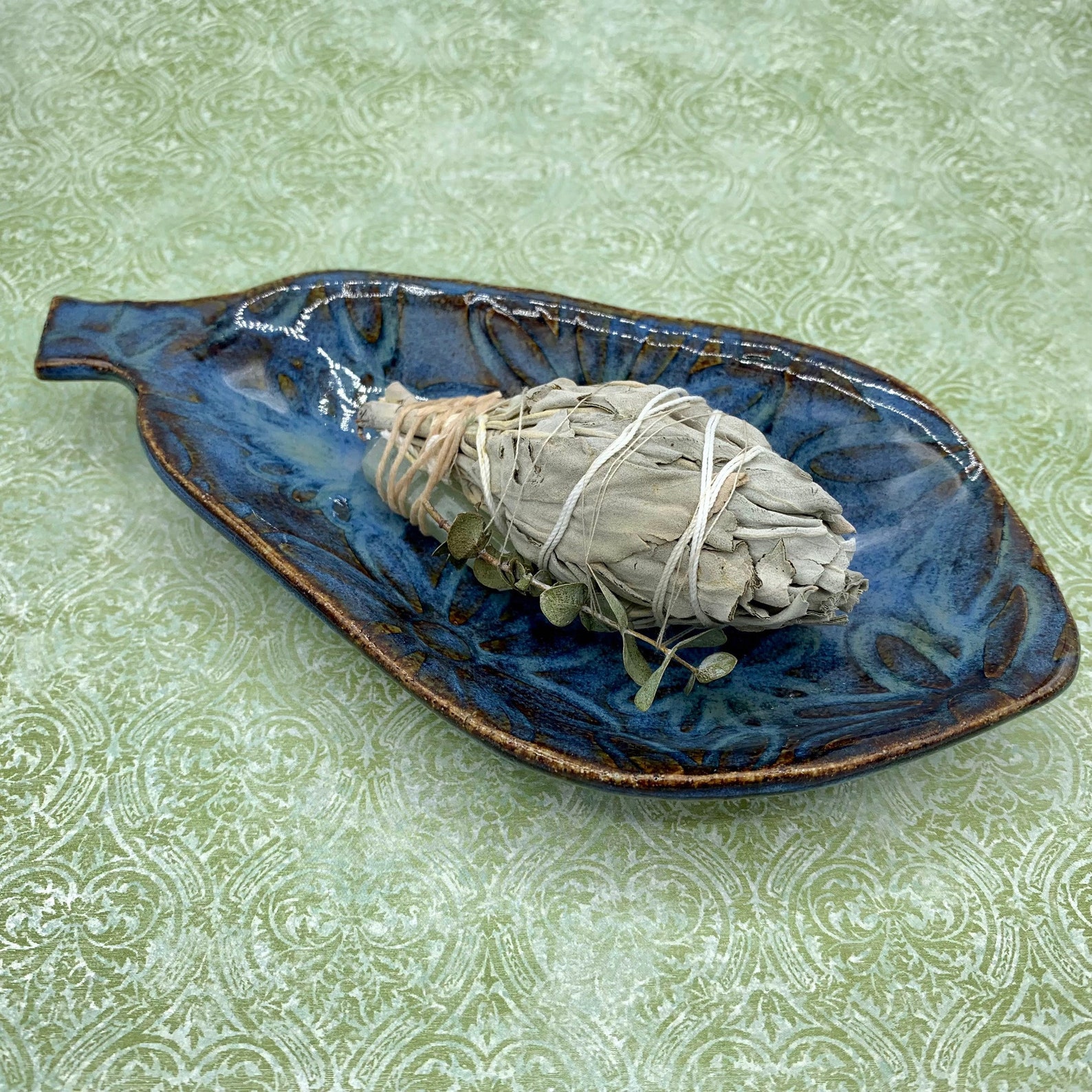 Pear Shaped Jewelry Dish, Blue Pottery Pear Shaped Sage Bundle Smudging ...