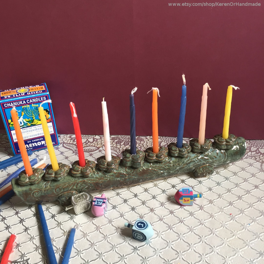 Handcrafted Ceramic Hanukkah Menorah, Green Glaze, Flower Candle Cups ...