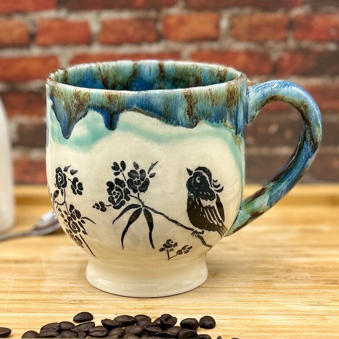 Coffee Cup, 20 Oz Ceramic Mug, Birds & Dragonflies Decor Mug, Pottery ...
